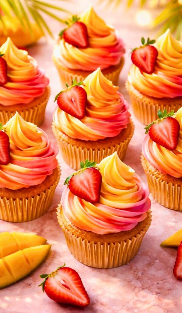 Mango Strawberry Sunset Cupcakes Recipe - Livy Cooks